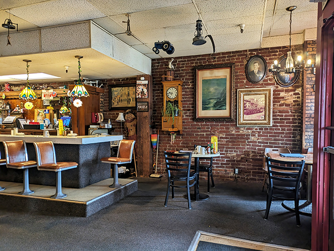 Inside, time stands still with exposed brick walls, Tiffany-style lamps, and counter seating that invites solo diners to become part of the My Father's Place family.