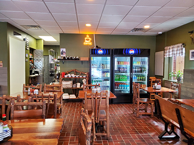 Rustic wooden tables, brick floors, and that glowing coffee sign&mdash;the universal symbol for "salvation is coming" on early Pittsburgh mornings.
