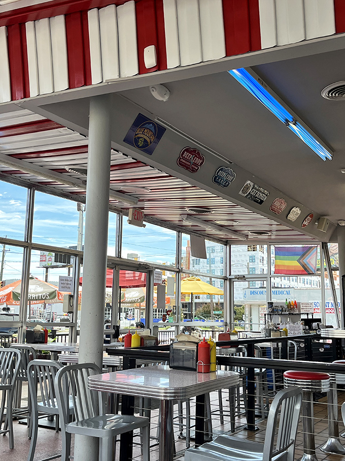 Step inside and you're transported to a diner wonderland. Those red and white stripes aren't just decoration—they're a warning that calorie counting stops at the door.