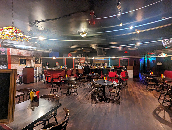 Inside, exposed brick walls and stained glass accents create a cozy atmosphere where pierogi dreams come true.