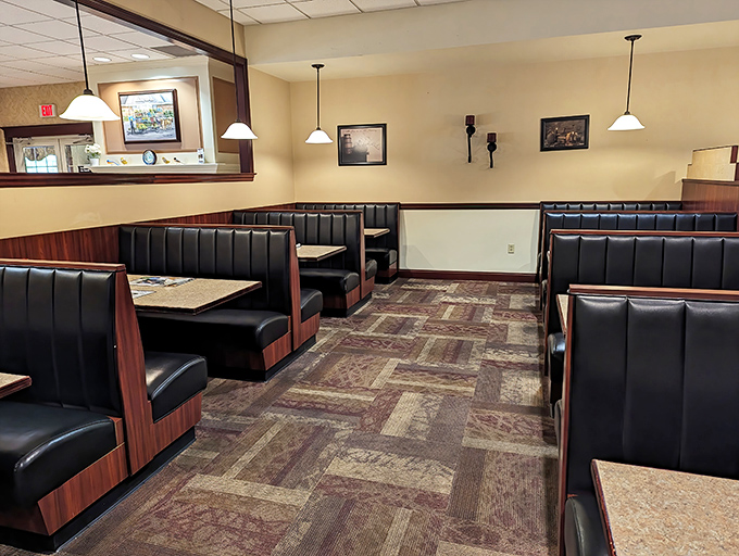 Cozy booths await hungry travelers. This isn't fancy dining&mdash;it's the comfortable embrace of a place that understands what matters: good food and plenty of it.