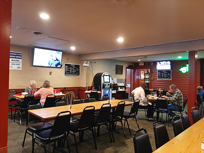 No-frills dining at its finest&mdash;red pillars, simple tables, and the quiet hum of conversation create the perfect backdrop for food that needs no fancy setting.