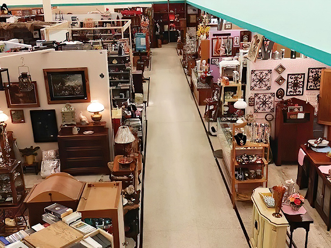 Long, inviting aisles create a museum-like experience where everything has a price tag and a story waiting to be discovered.