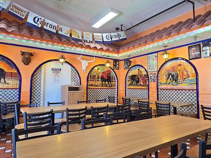 Vibrant bullfighting murals and colorful tile work transport you straight to Mexico, while simple wooden tables invite you to focus on what really matters&mdash;the food.