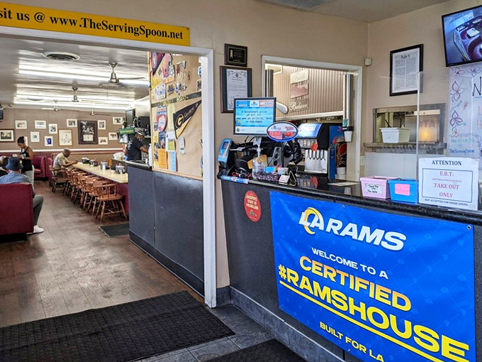 Inside, the "Certified Ramshouse" sign welcomes Lakers fans and hungry locals alike to this cozy Inglewood institution.