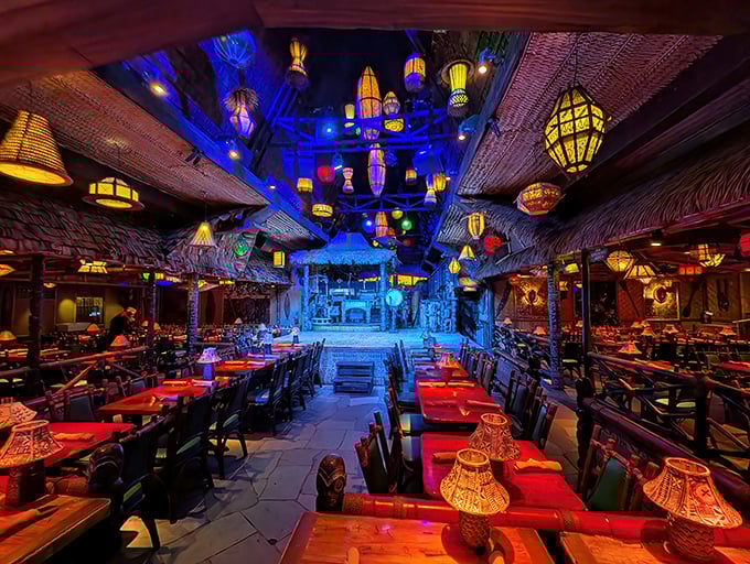 The dining room glows with the warm light of dozens of colorful lanterns, creating an atmosphere that whispers, "Your ordinary Tuesday night just got extraordinary."