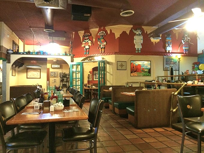 Kachina dolls watch over diners from terra cotta walls, creating that perfect Southwestern ambiance that says "your pancakes come with a side of culture."
