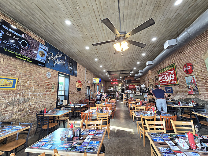 Exposed brick walls, wooden ceiling planks, and vintage Coca-Cola signs &ndash; this isn't retro by design, it's authentic by survival.