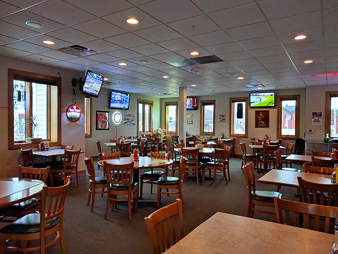 Classic wooden tables and strategically placed TVs create that perfect Wisconsin balance: serious sports watching meets serious eating.