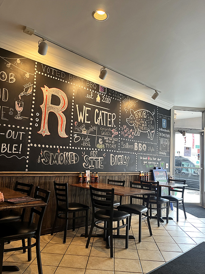 Inside Redd's, chalkboard menus and wooden tables create the perfect no-nonsense atmosphere for serious eating.