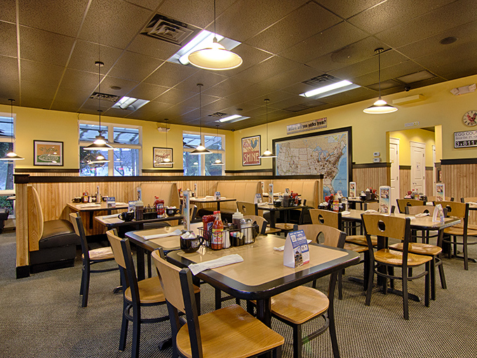 Warm yellow walls and wood accents create that perfect diner atmosphere &ndash; not pretentious, just comforting, like breakfast at your favorite aunt's house.