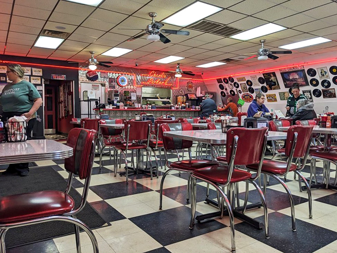 Classic Americana in full swing&mdash;red vinyl chairs, checkered floors, and vintage records create a time capsule where calories don't count and coffee never stops flowing.