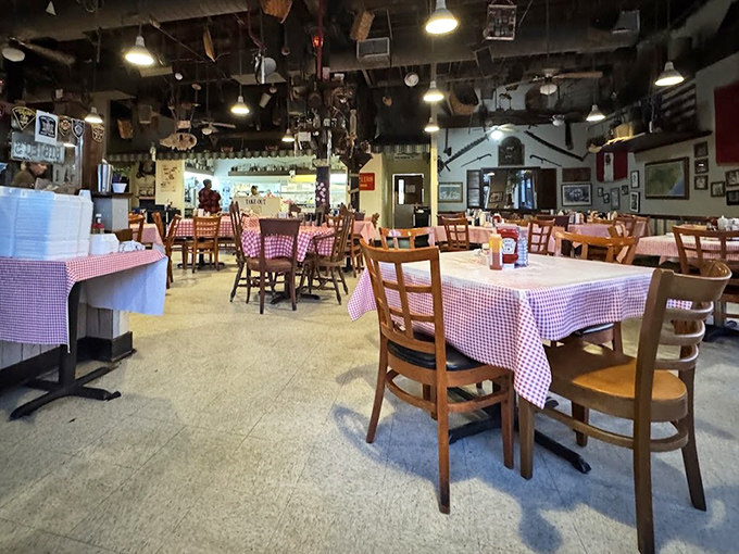 Farm implements dangling from the ceiling and red-checkered tablecloths create the perfect backdrop for comfort food that makes you want to hug your plate.
