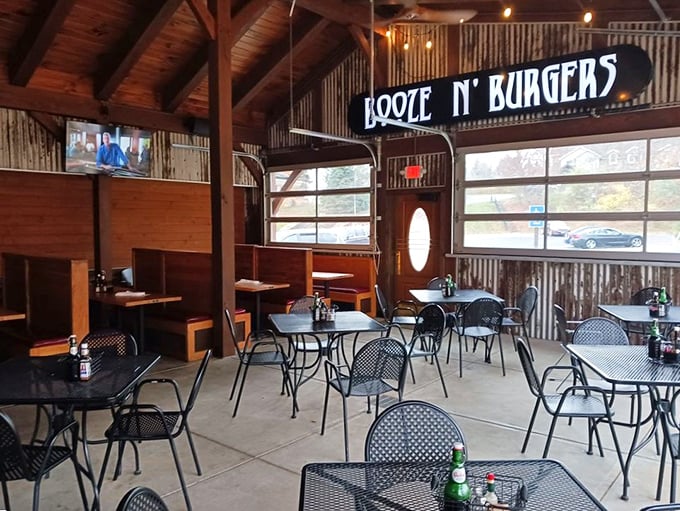 Industrial chic meets cozy comfort in Whitey's dining area, where the corrugated metal walls tell stories while you create new ones.
