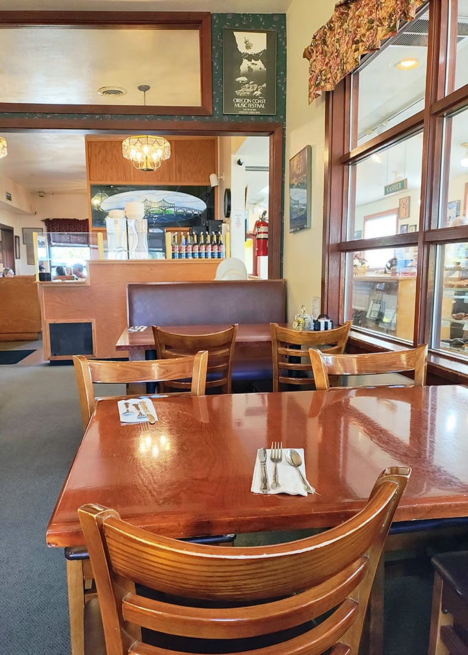 Classic diner charm meets coastal comfort inside, where wood-paneled booths have witnessed countless coffee refills and "just one more bite" moments.