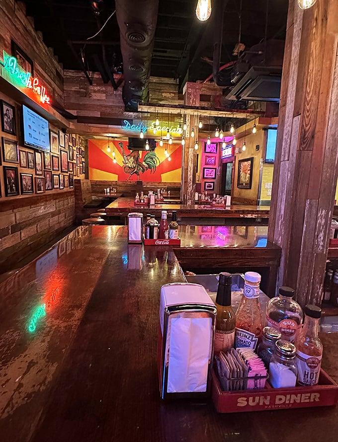 Inside, warm wood tones and music memorabilia create the perfect backdrop for breakfast conversations. Edison bulbs cast a glow that makes everyone look like they got eight hours of sleep.