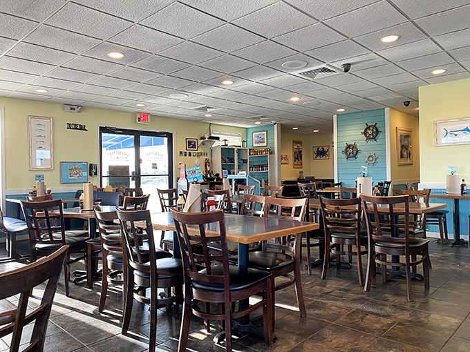 Nautical wheels and blue accents create that "I've discovered the locals' favorite spot" feeling. The kind of place where calories don't count because you're technically on vacation.