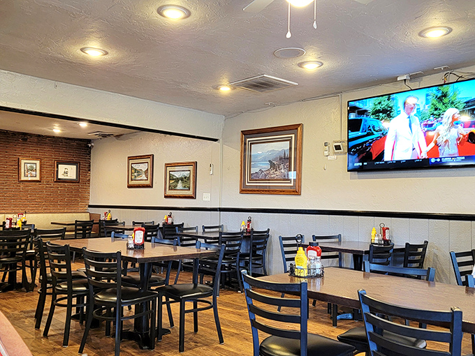 Simple wooden tables, local artwork, and a TV tuned to local news&mdash;the perfect recipe for community connection and comfort.