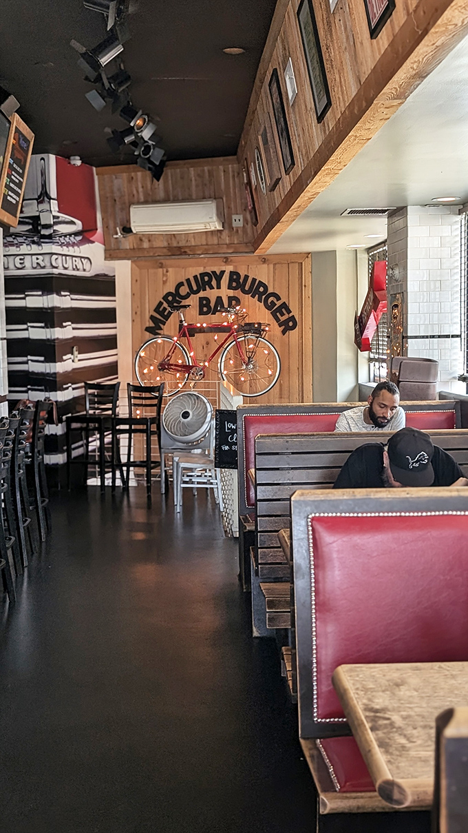 Wooden paneling, red vinyl booths, and a vintage bicycle on the wall&mdash;Mercury's interior feels like a warm hug from your favorite uncle.