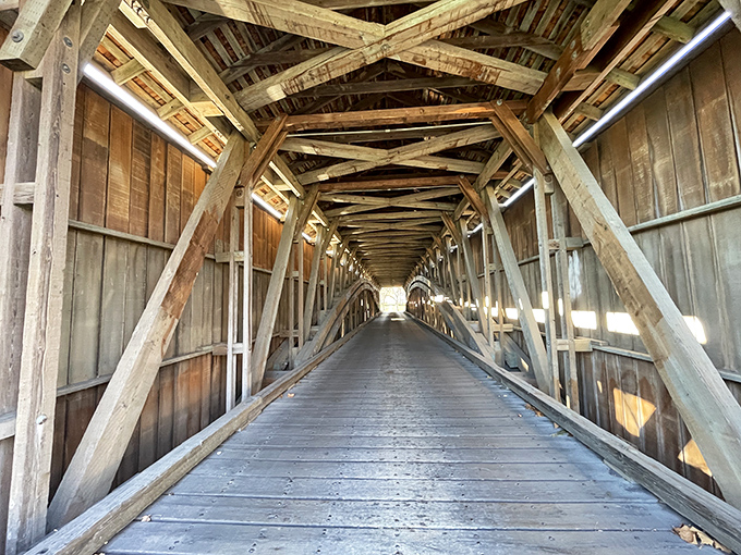 Step inside and marvel at the ingenious wooden truss system&mdash;architectural poetry that's kept this structure standing since 1843.