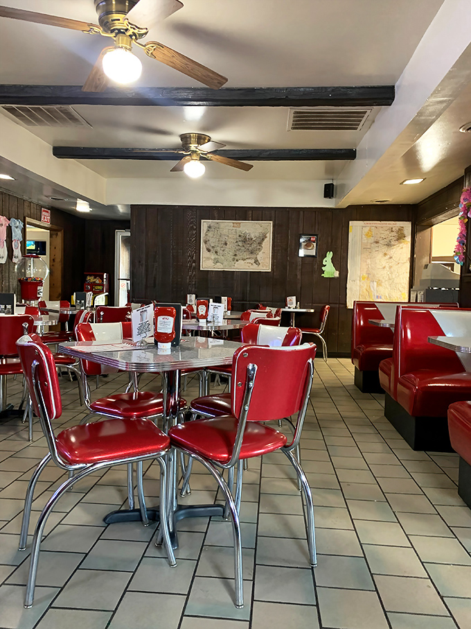 Classic red vinyl meets chrome tabletops in this time capsule of Americana where comfort food reigns supreme.