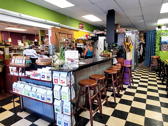 Inside, the checkered floor and vibrant walls create a space that feels like your coolest friend's kitchen&mdash;if that friend were a plant-based culinary genius.