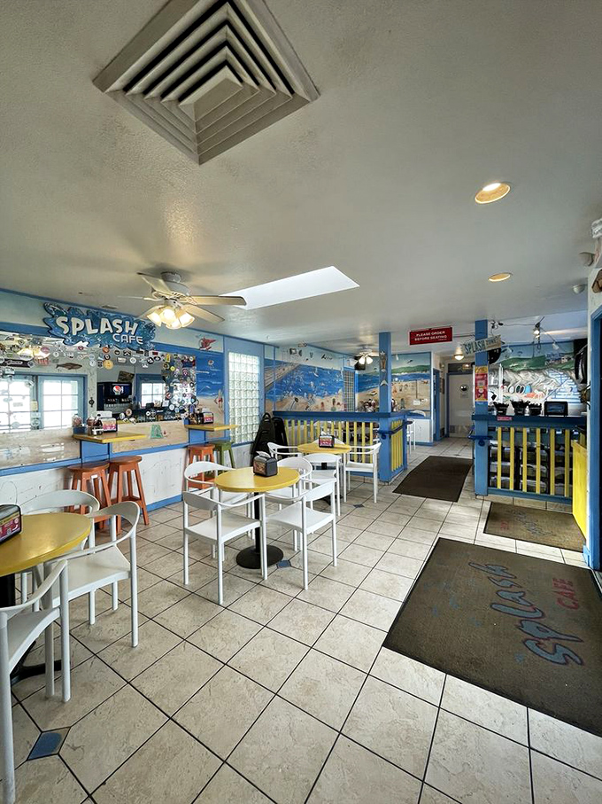 Inside, the cheerful blue and yellow decor creates a sunny vibe regardless of coastal fog. Every seat feels like you've scored the best table at the beach party.