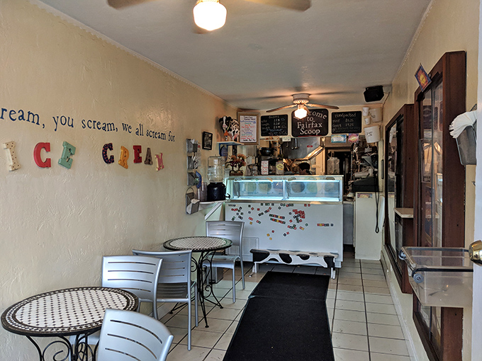 Inside this compact flavor factory, colorful letters remind us of ice cream's universal truth: we all scream for it, indeed.