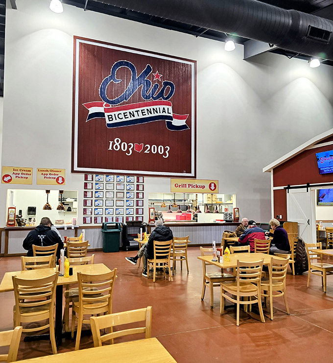 Inside, the spacious dining area showcases Ohio pride with its Bicentennial sign. Simple wooden tables invite you to sit and stay awhile—calories don't count here.