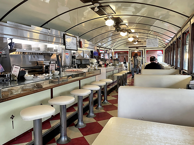 Classic Americana at its finest&mdash;red and white checkerboard floors, curved ceiling, and counter seating that practically whispers, "Sit down, stay awhile, order seconds."