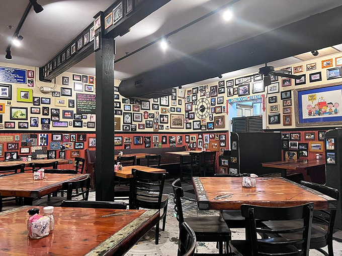 Wall-to-wall dog photos create a gallery of furry friends that'll have you pointing and smiling. Every inch tells a story of beloved companions.