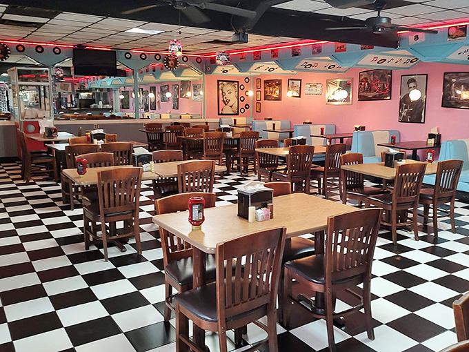 Step inside and the black-and-white checkered floor plays perfect host to turquoise booths and pink walls&mdash;a color scheme that somehow makes both nostalgia and hunger intensify simultaneously.