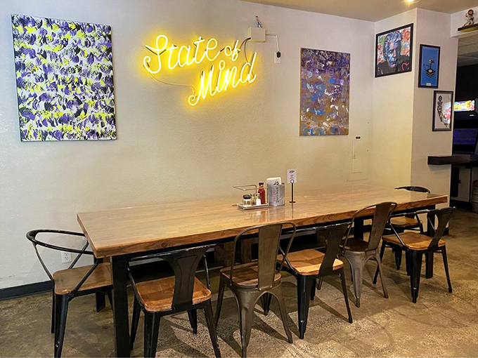 That neon glow isn't just for show&mdash;it's a beacon calling pizza pilgrims to their happy place. Modern vibes meet comfort food heaven.