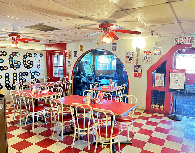 Inside, vinyl records and checkerboard floors transport you to simpler times. This isn't Instagram-bait d&eacute;cor&mdash;it's the real nostalgic deal.
