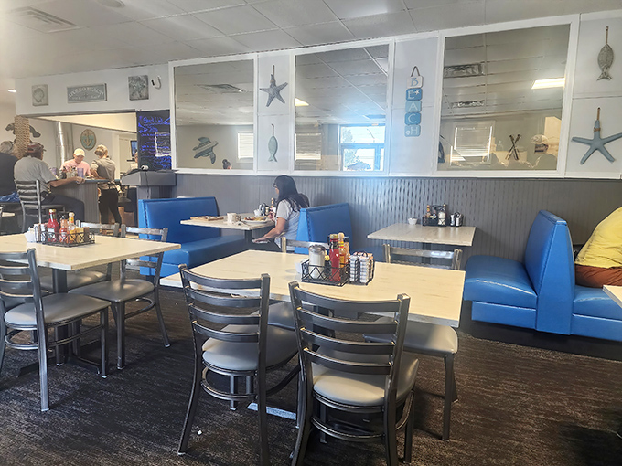 Classic blue booths and coastal decor create that perfect "come as you are" atmosphere. The starfish accents remind you you're just minutes from Tampa Bay.