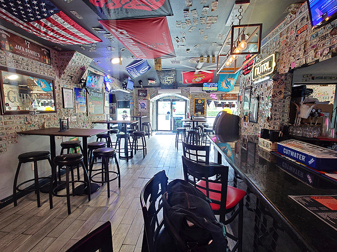 Dollar bills wallpaper the interior while military flags create a patriotic canopy overhead. This isn't just decoration&mdash;it's a visual diary of countless happy meals shared.
