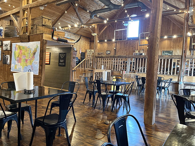 Inside, it's all barn-chic charm with wooden beams, string lights, and zero pretension. Like a BBQ cathedral where the only worship involves slow-cooked meat.
