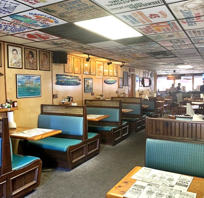 Turquoise booths and memorabilia-covered ceiling tiles tell stories of decades past. Each signed tile represents someone who fell in love with this no-frills seafood haven.