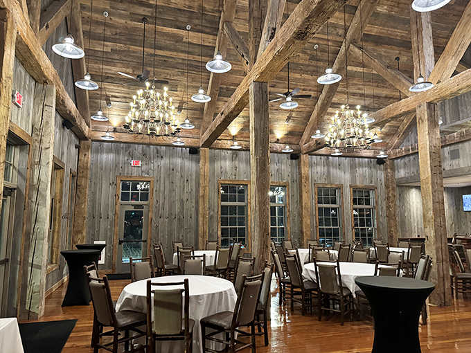 Rustic elegance defined: Exposed wooden beams and chandeliers create the perfect backdrop for serious food conversations and life-changing bites.