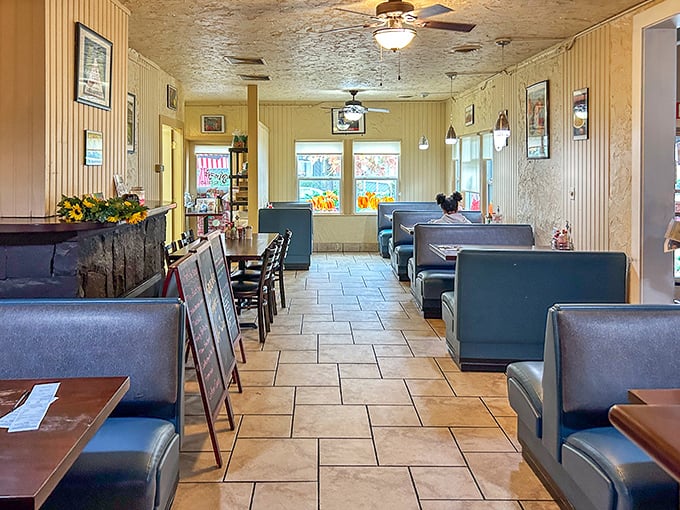 Step inside and time slows down &ndash; blue vinyl booths, warm lighting, and that unmistakable diner aroma that instantly triggers childhood memories.