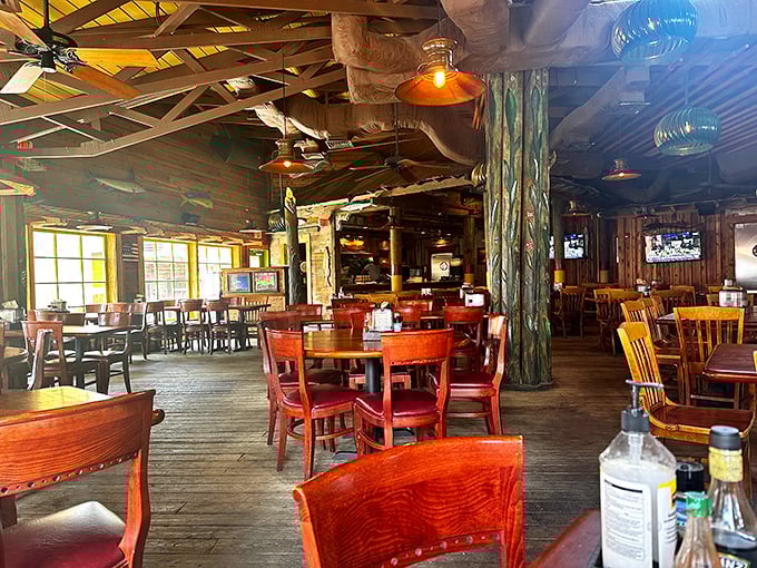 Rustic wooden beams and nautical charm create the perfect backdrop for seafood feasting. No white tablecloths needed when the food's this good.