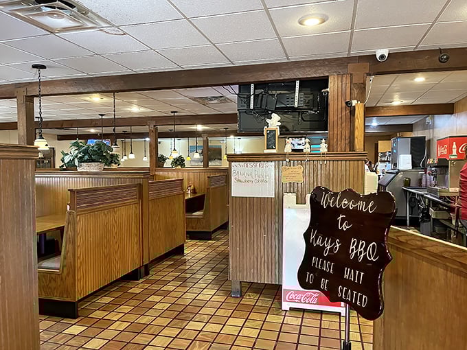 Step inside and you're greeted by that classic "please wait to be seated" sign &ndash; the universal symbol that good things come to those who wait.