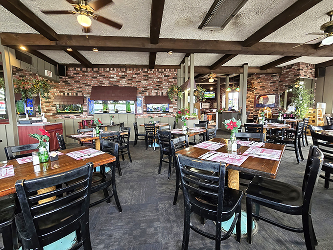 Exposed brick walls and wooden beams create that perfect "maritime meets cozy" vibe that makes you want to settle in for the afternoon.