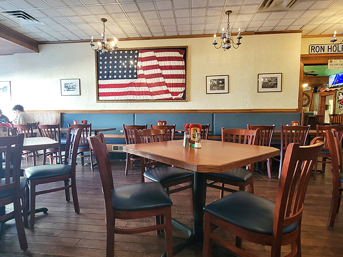 Classic Americana adorns the walls at Ron's, where the vintage flag and wooden chairs have likely witnessed thousands of "this is the best pizza ever" declarations.