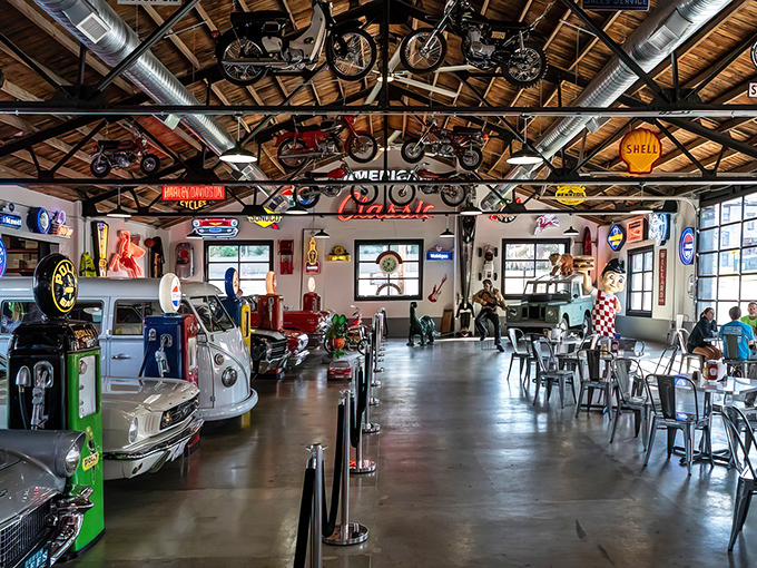 Classic cars and comfort food create a dining museum where every meal feels like automotive history.