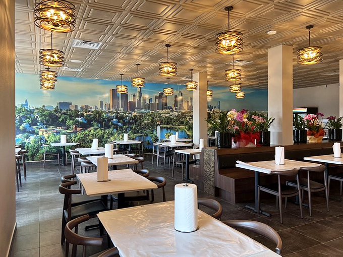 A sleek, modern interior with LA skyline murals and stylish lighting creates the perfect backdrop for seafood indulgence.