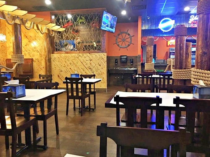 Rope details and ship wheels create an atmosphere that whispers "authentic bayou" without shouting "theme park nonsense."