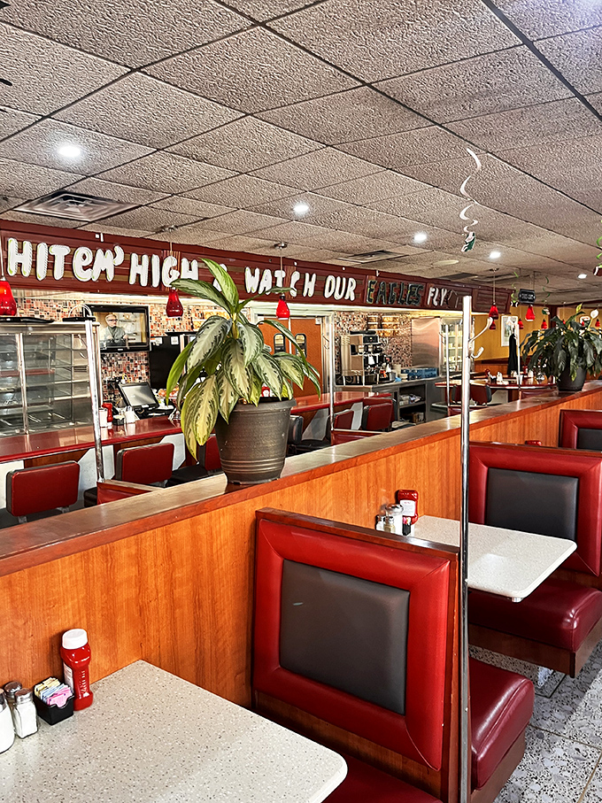 Red vinyl booths and wood paneling create the perfect backdrop for life's most important decisions: pancakes or waffles?
