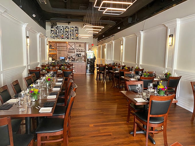 Elegant simplicity defines Guerrera's interior&mdash;warm wooden floors, crisp white wainscoting, and modern lighting creating the perfect backdrop for beef-centered bliss.