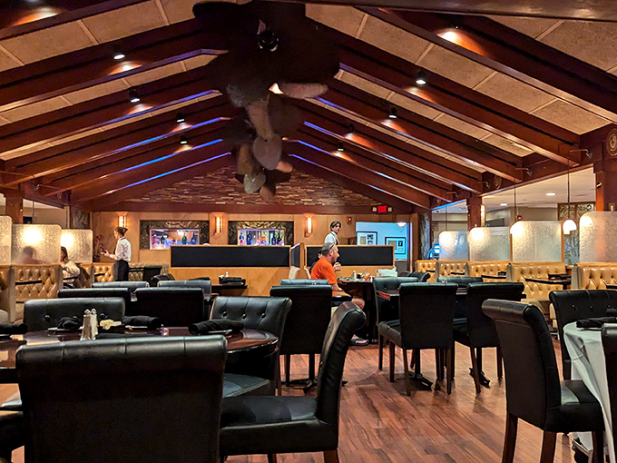 Wood beams, leather chairs, and just the right lighting—this isn't just a dining room, it's a sanctuary for serious food lovers seeking refuge from pretentious eateries.